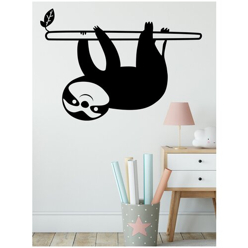 Черная наклейка на стену "Ленивец на веточке" (в детскую, украшение, декор, дизайн, для детей)
