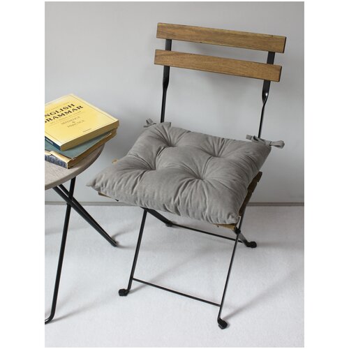 Подушка декоративная на стул MATEX VELOURS светло-серый с завязками, чехол не съемный, ткань велюр, 42 см х 42 см х 13 см