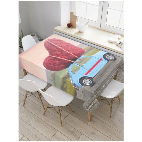 Прямоугольная водоотталкивающая скатерть на стол JoyArty с рисунком "Сердце на машине" 120 на 145 см
