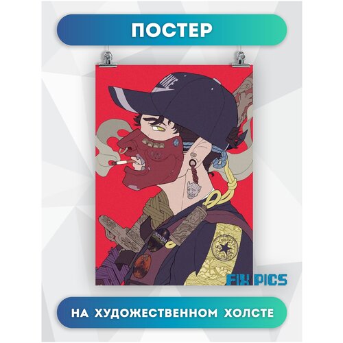 Постер на холсте Парень аниме в маске и кепке на красном фоне 30х40 см