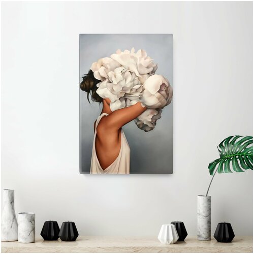 Интерьерная картина "Девушка с пионами" на натуральном хлопковом холсте, на подрамнике, размер 40 на 60 / 40х60 см