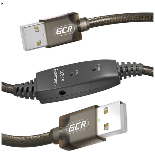 Активный кабель USB 2.0 AM/AM с усилителем сигнала + разъём для доп. питания, LED-индикаторы (GCR-AMa5), черный; прозрачный, 10.0м