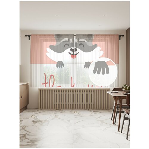Тюль для кухни и спальни JoyArty "Благодарный енот", 2 полотна со шторной лентой, 145x180 см.