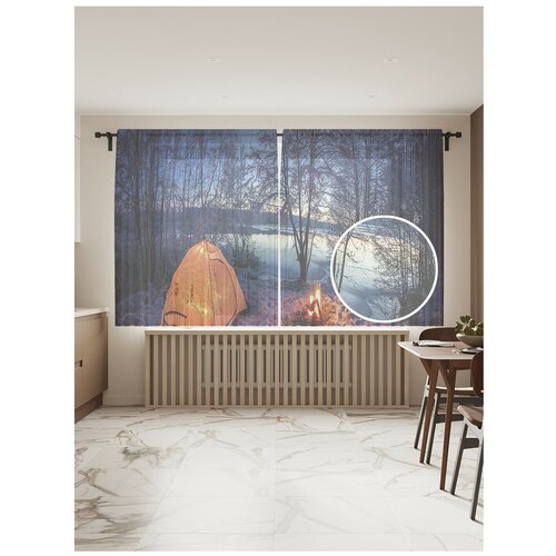Тюль для кухни и спальни JoyArty "Отдых в палатке", 2 полотна со шторной лентой шириной по 145 см, высота 180 см.