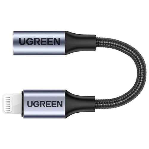 Аудиоадаптер Ugreen Lightning - AUX Jack 3,5 мм (f), в оплетке, цвет серо-черный, 10 см (30756)