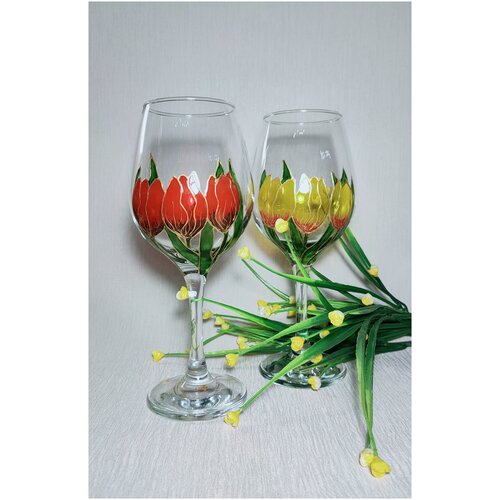 Набор бокалов авторский для вина с витражной росписью "Голландские тюльпаны", 460 мл. 2шт.