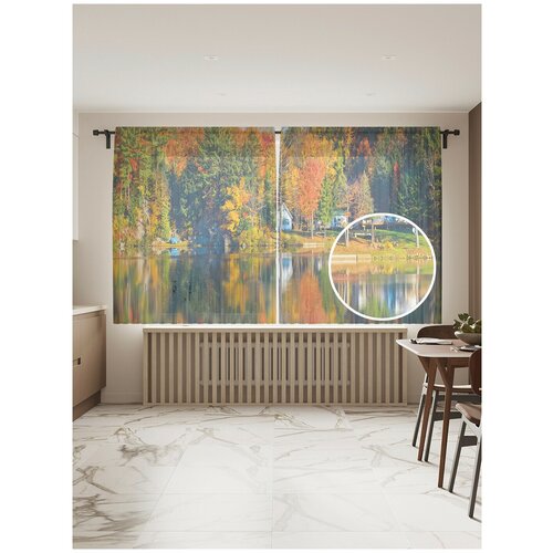 Тюль для кухни и спальни JoyArty "Домики на берегу осенью", 2 полотна со шторной лентой, 145x180 см.