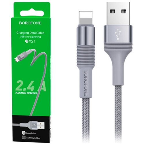 Дата-кабель USB универсальный Lightning Borofone BX21 (2.4A, оплетка ткань) (серый)