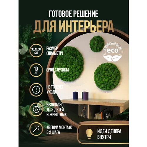 Набор из 3-х круглых панно Дом Мха - MossArt из стабилизированного мха Ягель 30, 40, 50 см, Зеленое яблоко