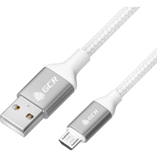 GCR QC Кабель 0.5m MicroUSB, быстрая зарядка, белый нейлон, AL корпус серебро, белый ПВХ, 28/24 AWG