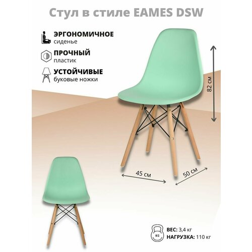 Стул для кухни со спинкой СтулБержи EAMES DSW, деревянные ножки, мятный, пластиковый