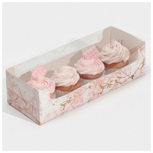 Коробка для кондитерских изделий с PVC крышкой «Розовый мрамор», 30 х 8 х 11 см