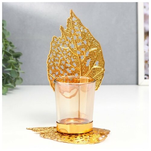 --- Подсвечник металл, стекло на 1 свечу "Золотые листики" d-5 см 8х12х16,5 см