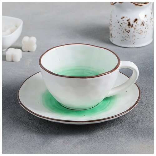 Чайная пара керамическая Доляна «Космос», чашка 250 мл, блюдце d=16 см, цвет зелёный