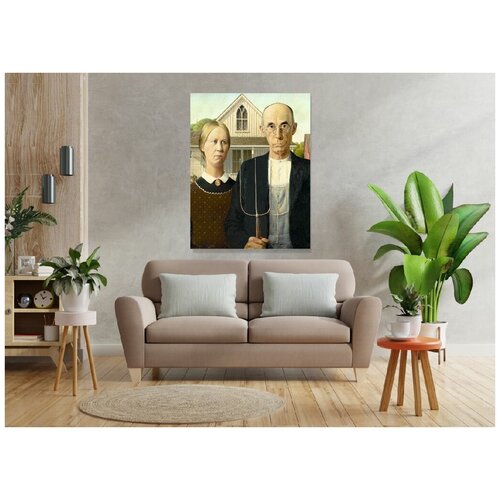 Картина на стену Грант Вуд Американская готика / картина на холсте интерьерная / панно 70 х 54 см