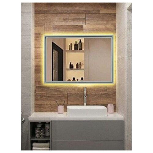 Зеркало настенное с подсветкой парящее прямоугольное 100*70 см в белой раме с фацетом для ванной тёплый свет 3000 К сенсорное управление