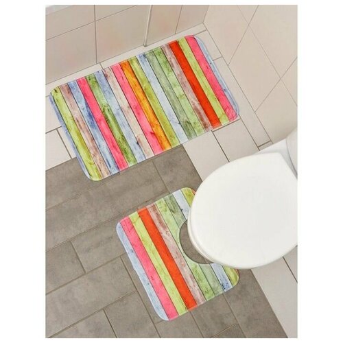 Набор ковриков для ванной и туалета Доляна "Цветные деревяшки", 2 шт: 40х45, 45х75 см