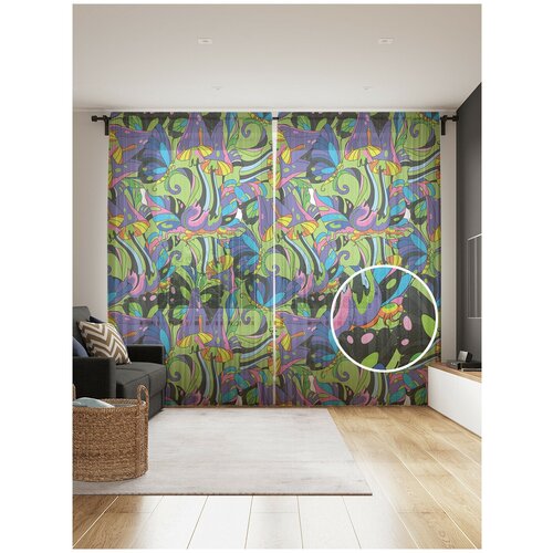Тюль для кухни и спальни JoyArty "Поганки и бабочки", 2 полотна со шторной лентой шириной по 145 см, высота 265 см.