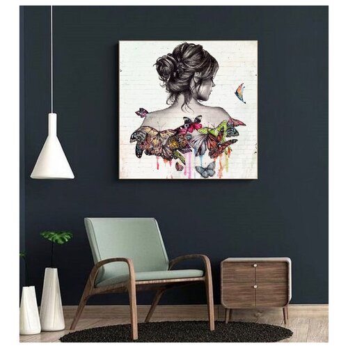Интерьерная картина "Девушка с бабочками" в гостиную/зал/спальню, холст на подрамнике, 50х50 см