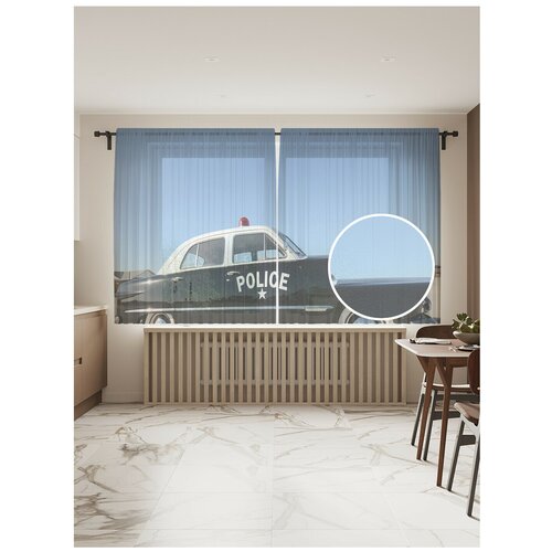 Тюль для кухни и спальни JoyArty "Фото машины", 2 полотна со шторной лентой шириной по 145 см, высота 180 см.