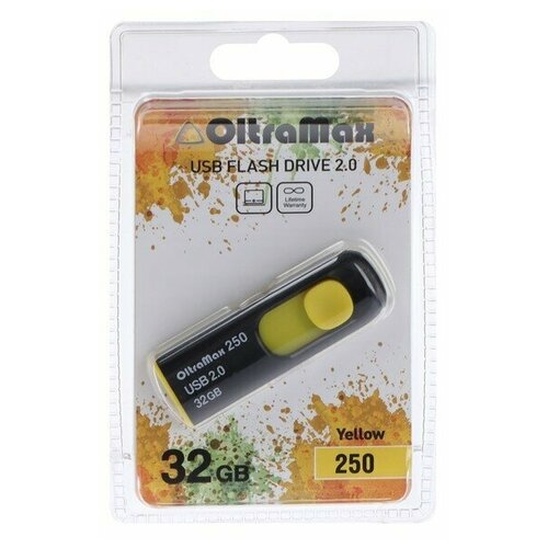 Флешка OltraMax 250, 32 Гб, USB2.0, чт до 15 Мб/с, зап до 8 Мб/с, жёлтая