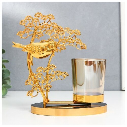 Подсвечник металл, стекло на 1 свечу "Птица на деревце" d-5 см, золото 8х15х17,5 см 7825925