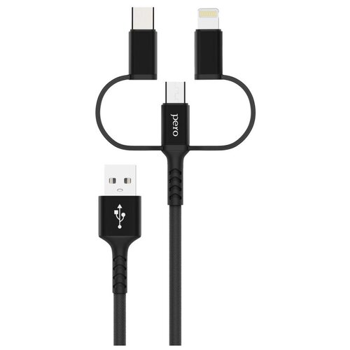 Кабель 3 в 1 Pero Universal USB - Lightning/microUSB/USB Type-C 2 м, для зарядки, черного цвета