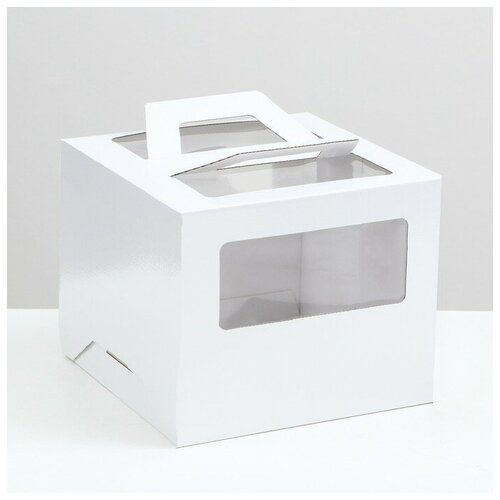 Коробка под торт 2 окна, с ручками, жемчуг, глянцевая, 24 х 24 х 20 см