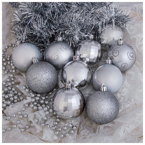 Набор шаров пластик с бусами и мишурой 12 шт "Сияние" серебро