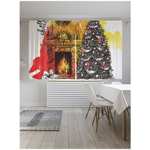 Фотошторы для кухни и спальни JoyArty "Рождественская елка у камина", 2 полотна со шторной лентой шириной по 145 см, высота 180 см