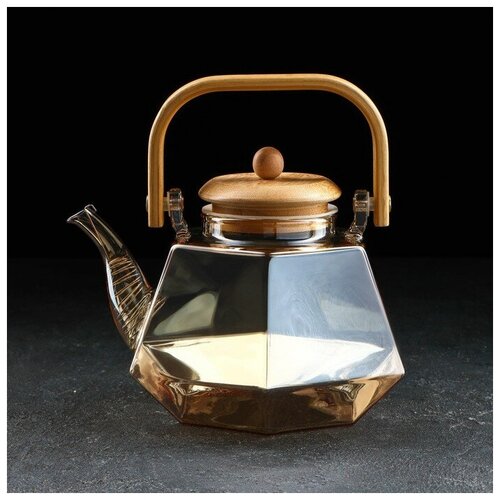Чайник стеклянный заварочный с бамбуковой крышкой и металлическим фильтром "Октогон", 1,2 л, цвет золотой 6947279