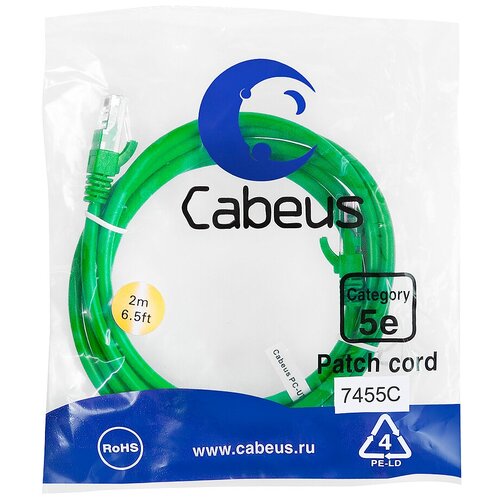 Патч-корд Cabeus PC-UTP-RJ45-Cat.5e-2m-GN Кат.5е 2 м зеленый