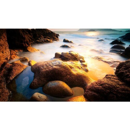 Картина на холсте 60x110 Альянс Лес "Океан пейзаж рассвет камни" на подрамнике / интерьер/ декор