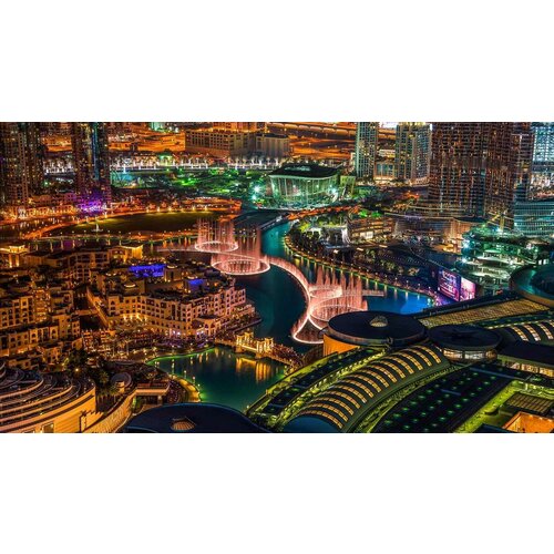 Картина на холсте 60x110 LinxOne "Ночной город Дубай огни ночь" интерьерная для дома / на стену / на кухню / с подрамником