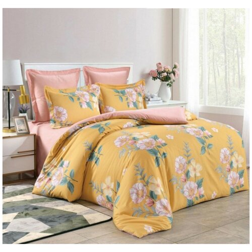 Семейное постельное белье сатин двустороннее желтое с цветами