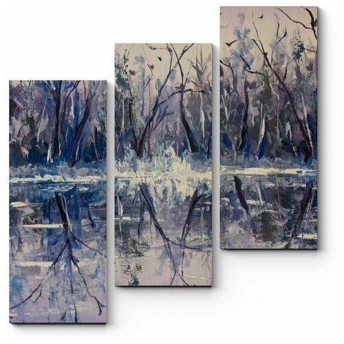 Модульная картина Река в зимнем лесу 90x96