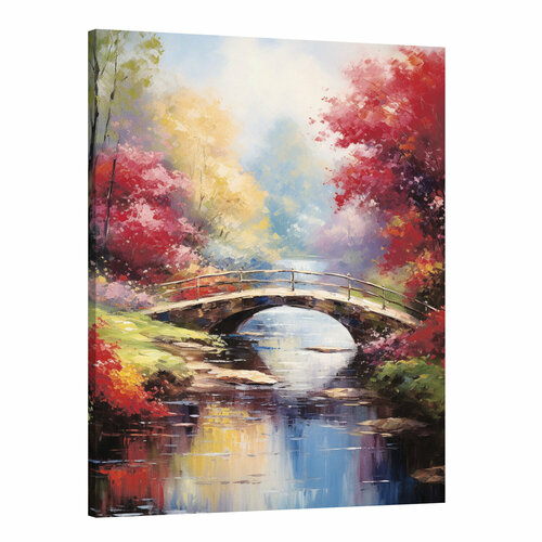 Интерьерная картина 50х70 "Пейзаж с каменным мостом и расцветшими деревьями"