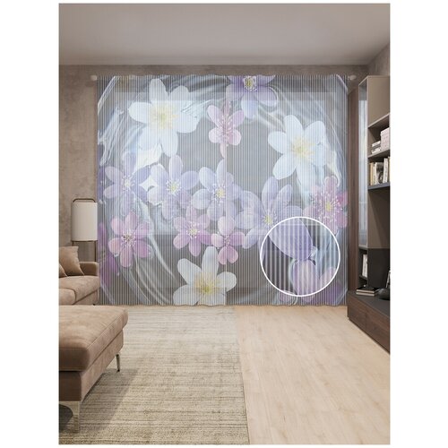 Тюль вуаль на шторной ленте с принтом "Цветочный стакан" для гостиной, зала, кухни, спальни, детской, 310х265 см; Фиолетовый, белый, розовый