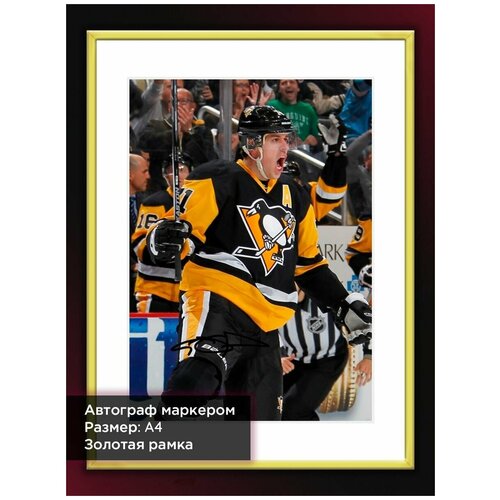 Постер в раме с автографом Евгений Малкин, Питтсбург Пингвинс, НХЛ, Хоккей, А4, золотая рама