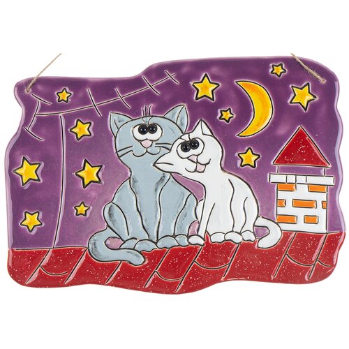 Панно Коты на крыше (фиолетовое) керамическое декоративное авторской ручной работы