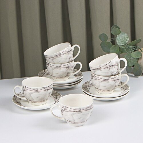 Сервиз чайный фарфоровый Доляна «Мрамор», 12 предметов: 6 чашек 280 мл, 6 блюдец d=15 см, цвет белый