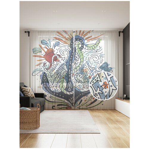 Тюль для кухни и спальни JoyArty "Сказочный якорь", 2 полотна со шторной лентой шириной по 145 см, высота 265 см.