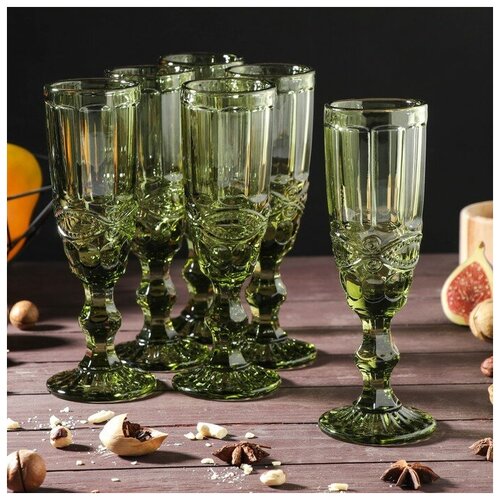 Набор бокалов стеклянных для шампанского Magistro «Ла-Манш», 160 мл, 7×20 см, 6 шт, цвет зелёный