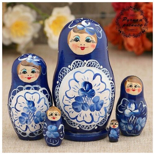 Матрёшка "Гжель", синее платье, 5 кукольная, 9,5-11 см