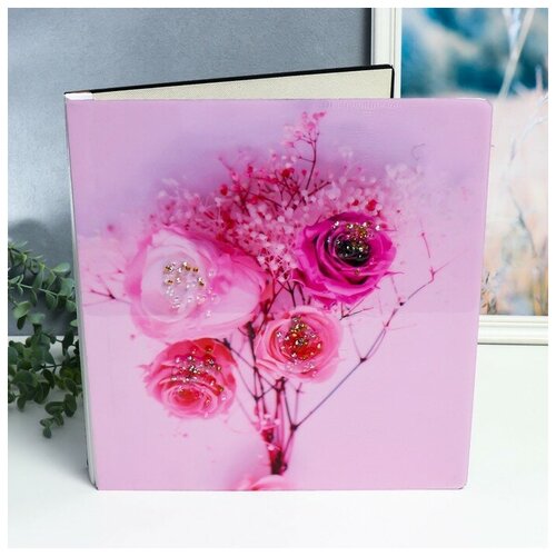 Фотоальбом магнитный 20 листов "Нежный розовый букет" в коробке дерево стразы 34х4х33 см