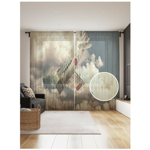 Тюль для кухни и спальни JoyArty "Пике в облаках", 2 полотна со шторной лентой шириной по 145 см, высота 265 см.