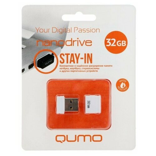 Флешка Qumo Nano Black, 32 Гб, USB2.0, белая 9247473