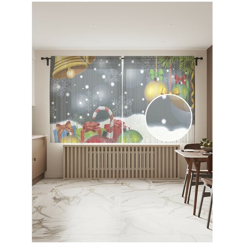 Тюль для кухни и спальни JoyArty "Шары в снегу", 2 полотна со шторной лентой, 145x180 см.