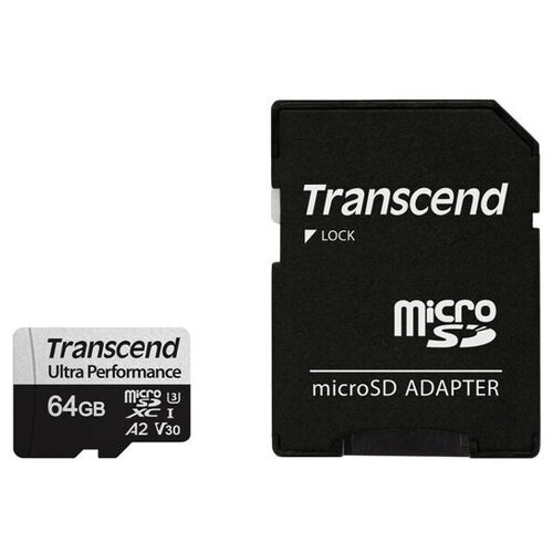 Карта памяти 64Gb - Transcend MicroSDXC 340S UHS-I U3 V30 A2 TS64GUSD340S с адаптером SD