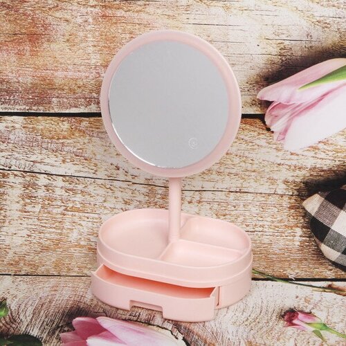 Зеркало настольное с подсветкой и органайзером "Beauty", цвет розовый, USB, 35*18см
